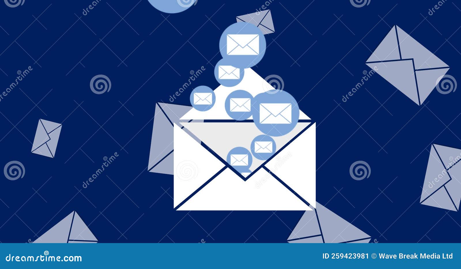 Illustration of Falling Envelopes and Message Icons in Circle Over Blue ...