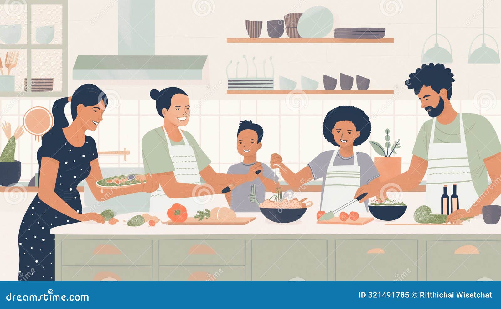 Illustration of a Family Cooking Together in a Modern Kitchen, Sharing ...