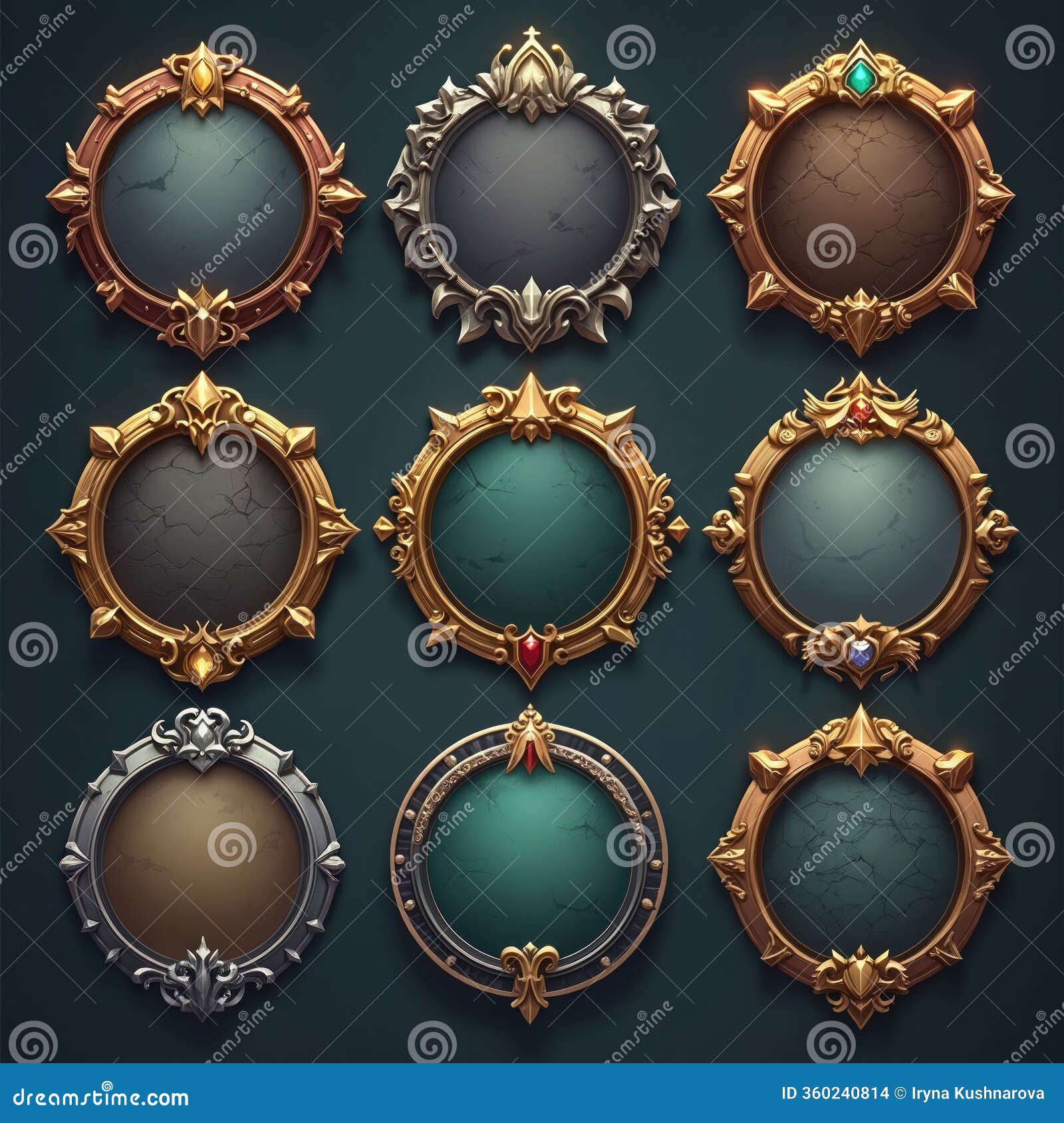 Illustration of Fantasy Game UI Frames, Circle Shape. Gold, Silver ...