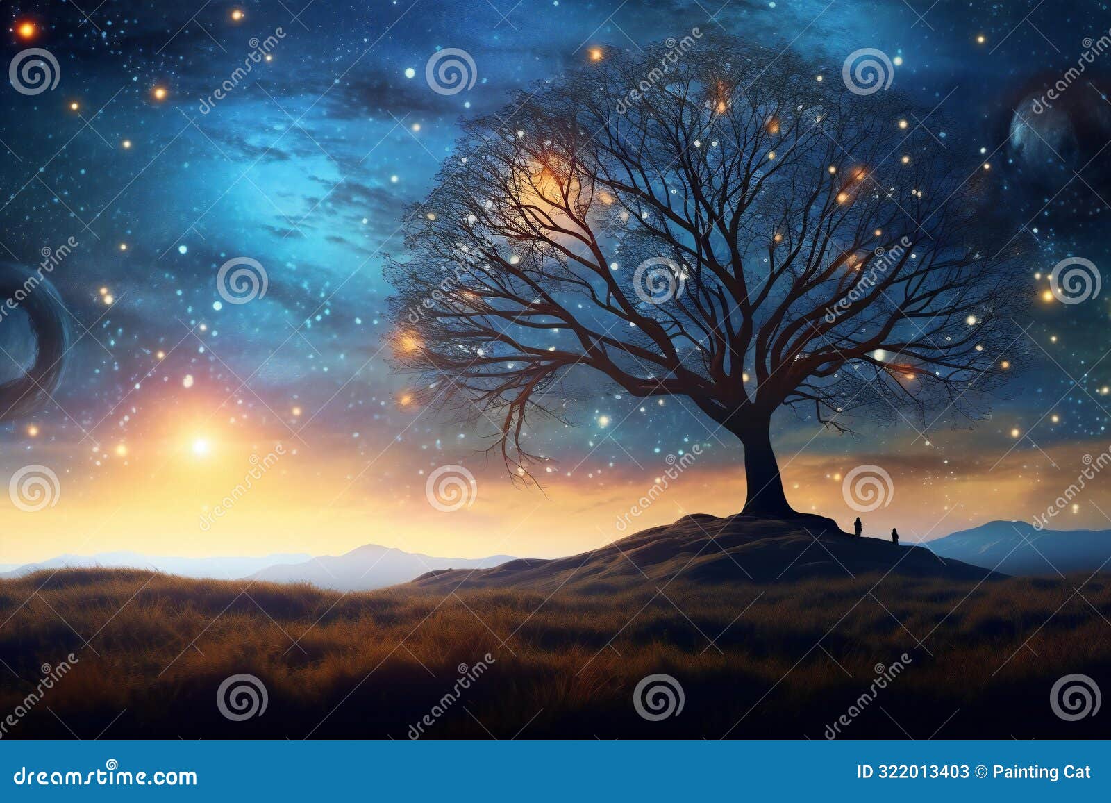 Fantasy Landscape with a Big Tree in the Night Sky with Stars Stock ...