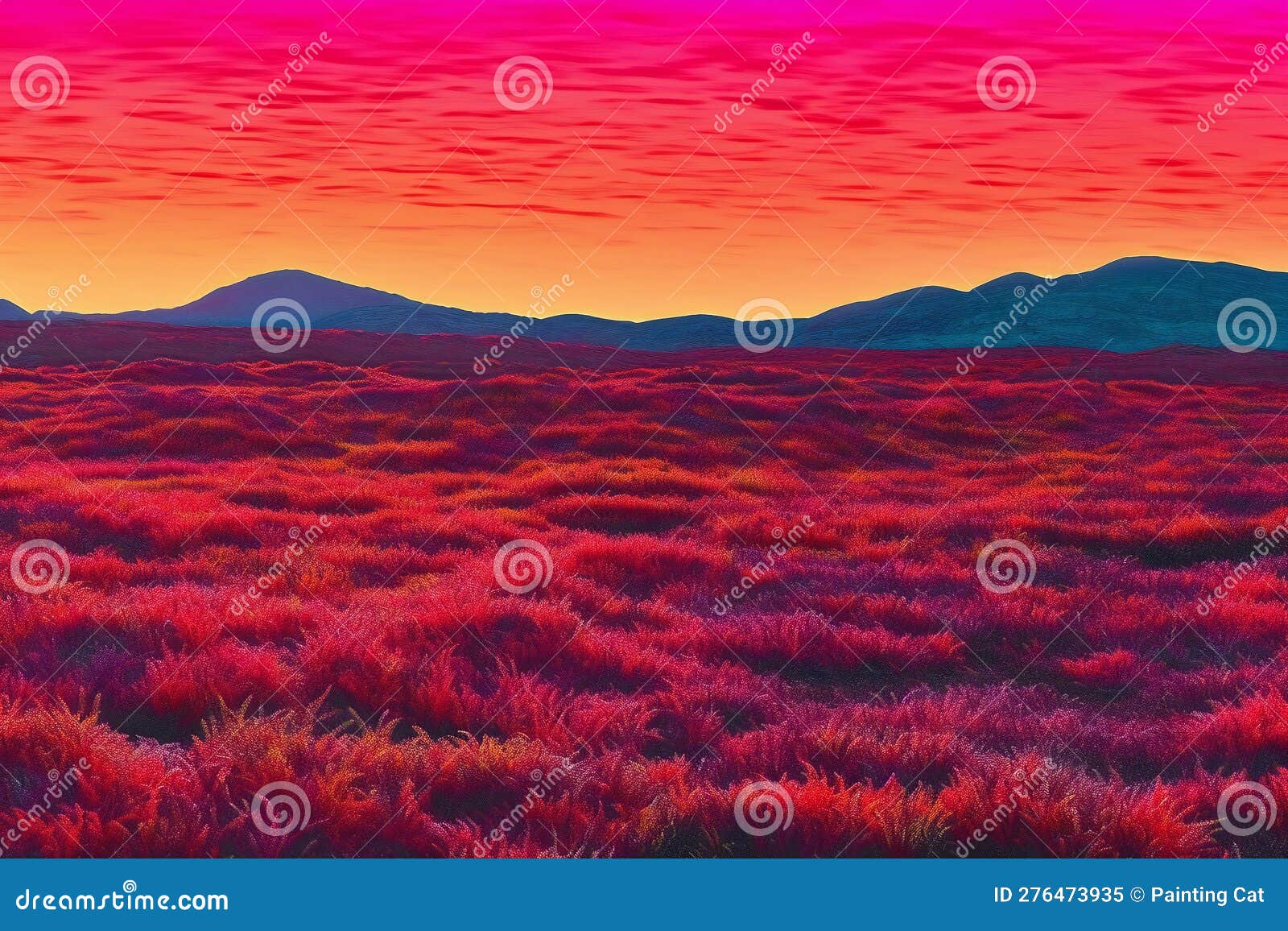Fantasy Landscape with Red Grass at Sunset Stock Illustration ...