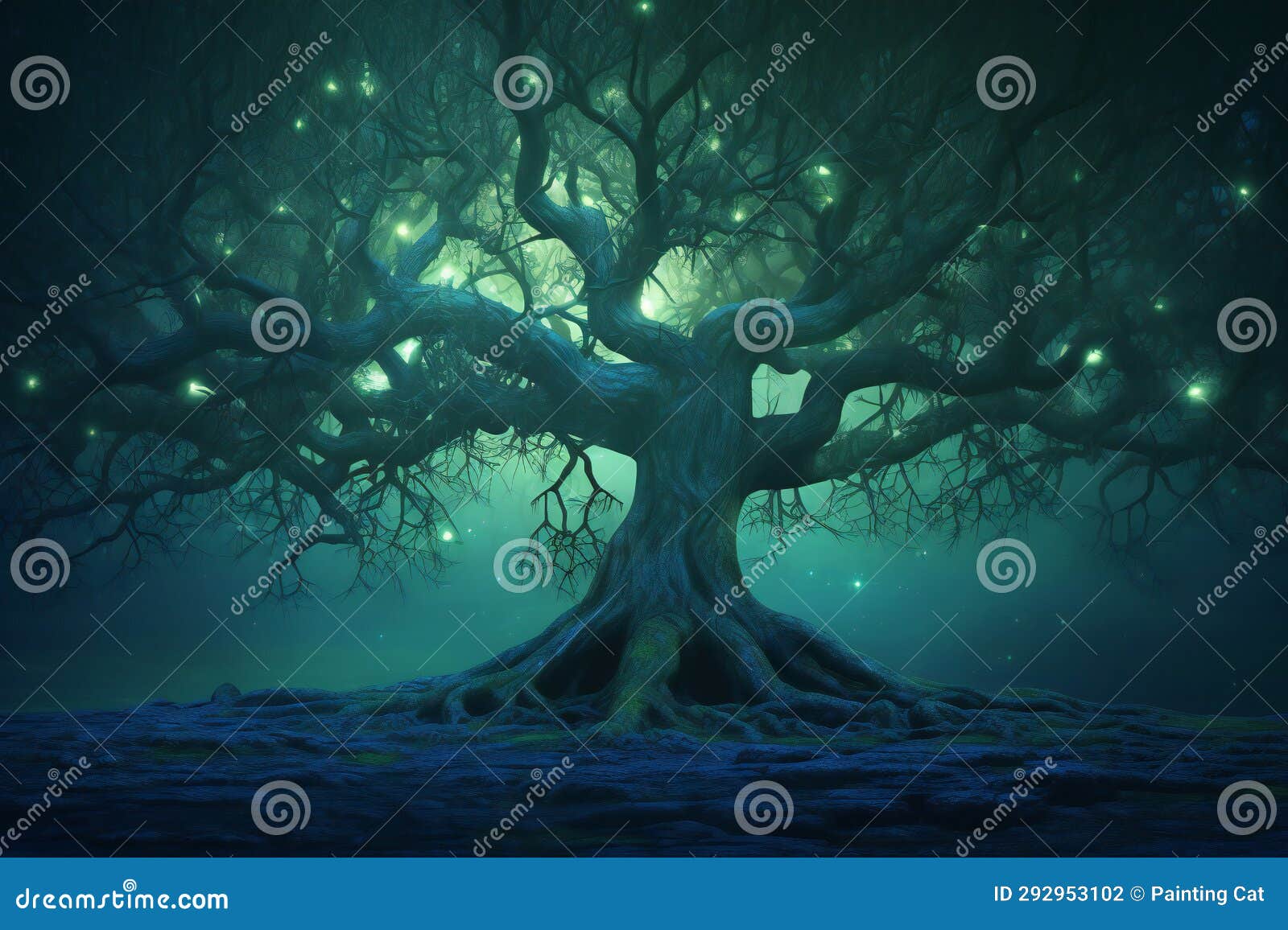 Fantasy Tree in Deep Forest at Night Stock Illustration - Illustration ...