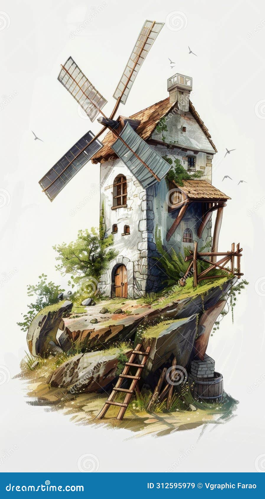 Illustration of a Fantasy Windmill on a Cliff Stock Image - Image of ...