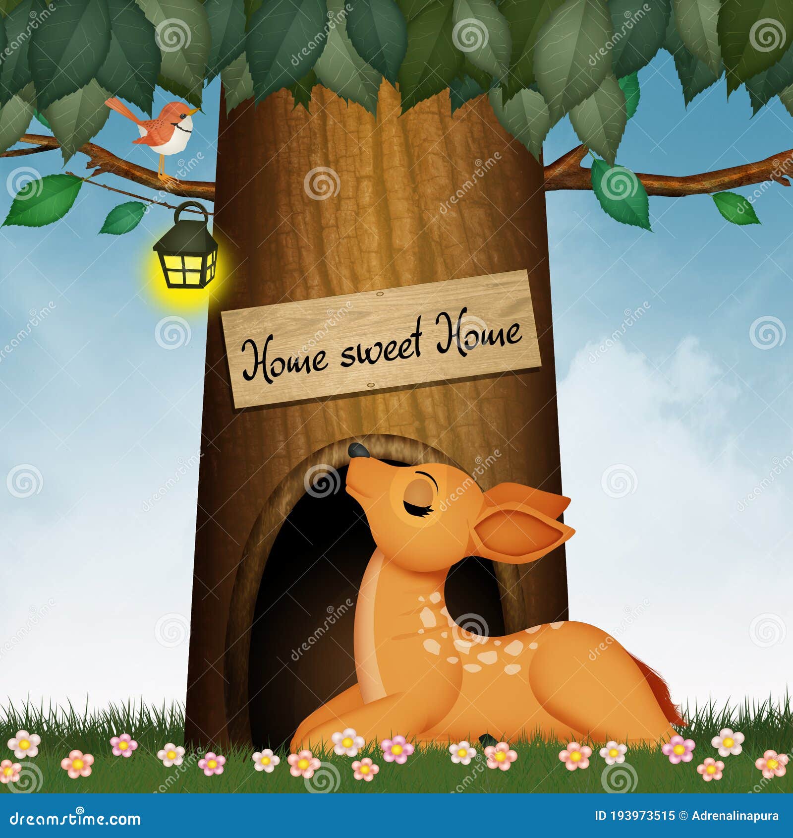 Illustration of the Fawn Sitting Under the Oak Tree Stock Illustration ...