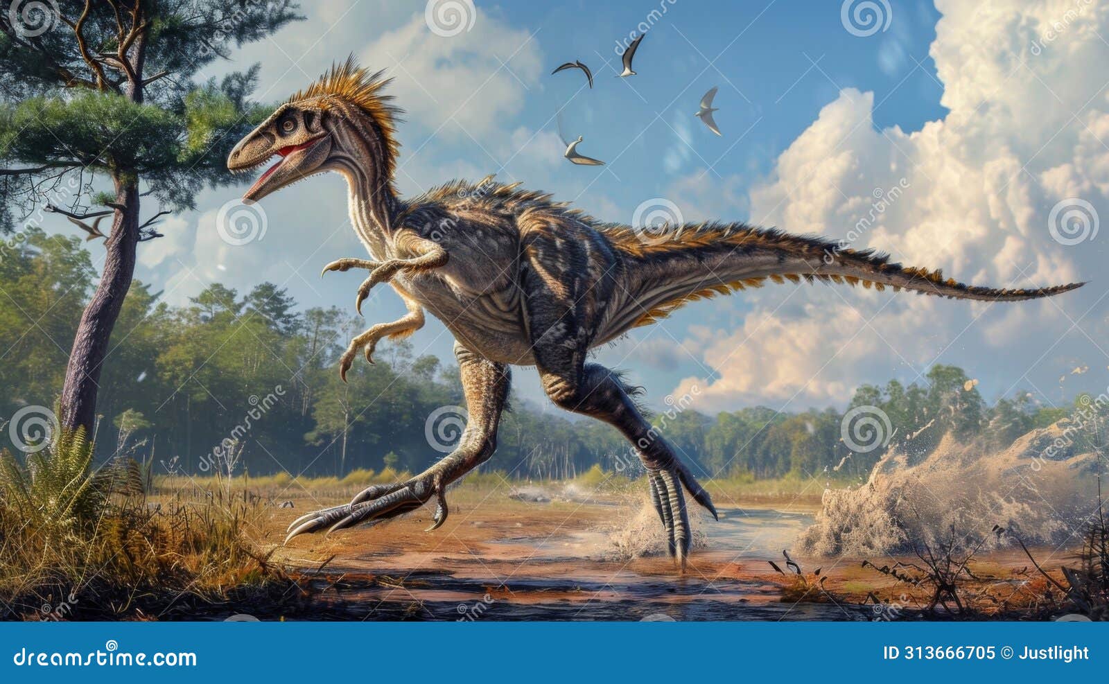 An Illustration of a Feathered Dinosaur Hunting for Prey Displaying the ...