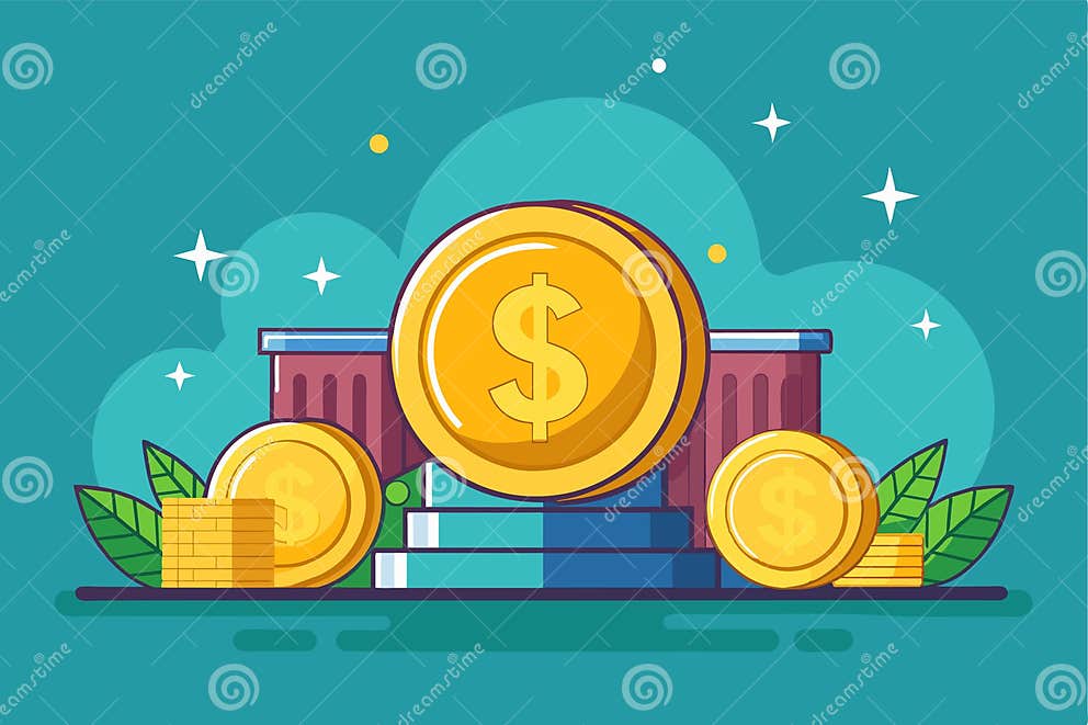 This Illustration Features an Array of Coins, Complemented by Greenery ...