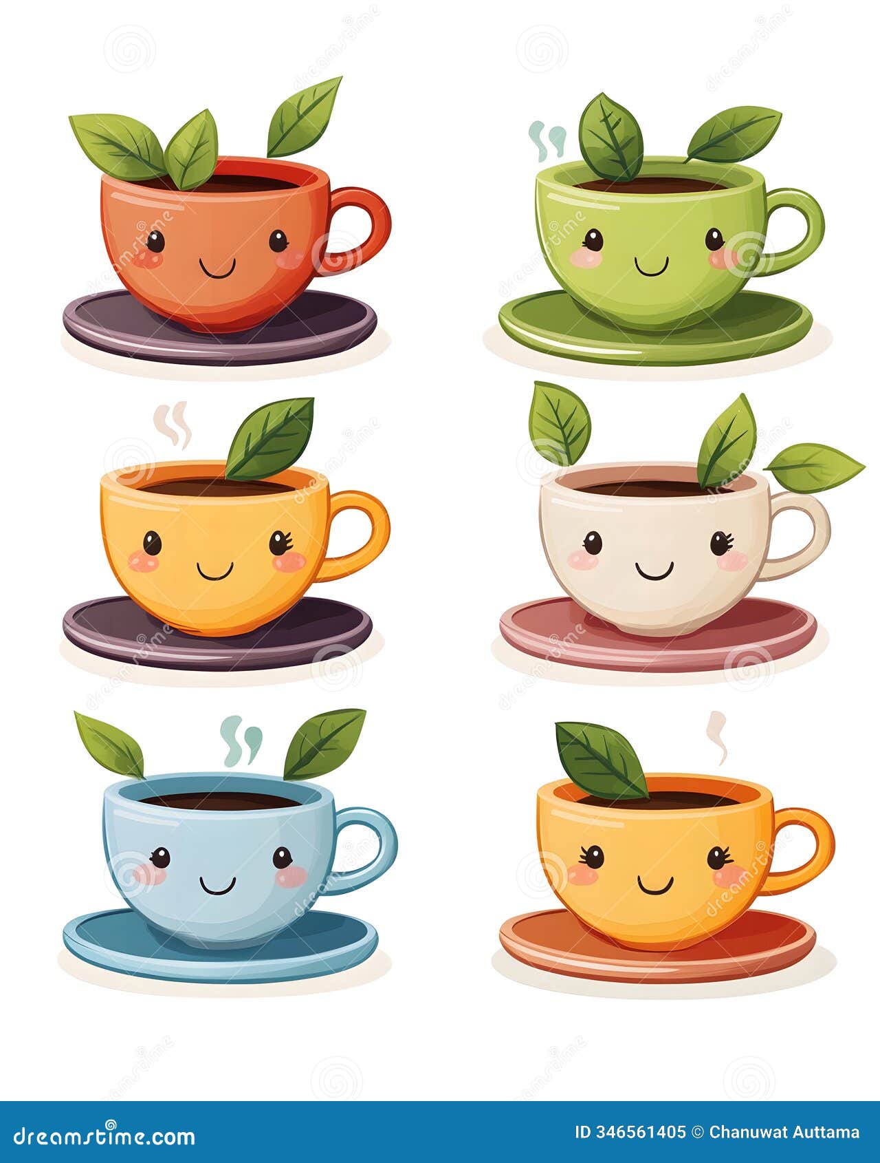 Cute Cartoon Teacups with Smiling Faces and Steam Tea Time Illustration ...