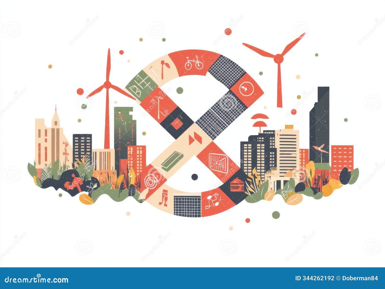 Sustainable Energy Concept with Infinity Symbol and Cityscape Stock ...