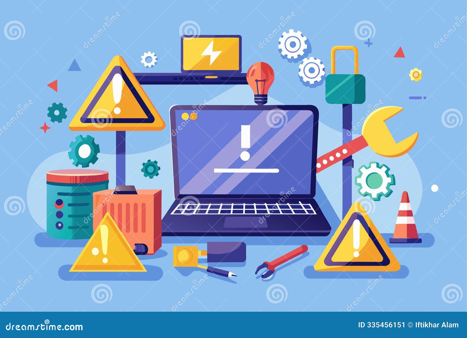 Illustration Features a Laptop with Warning Signs and Tools Indicating ...