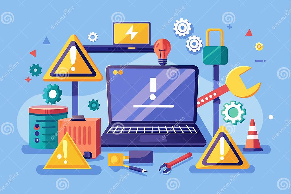 Illustration Features a Laptop with Warning Signs and Tools Indicating Laptop Troubleshooting ...