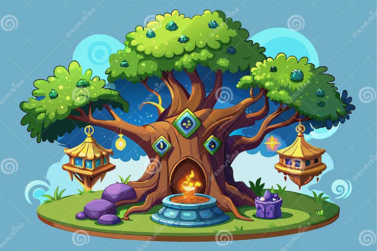 This Illustration Features a Magical Tree Adorned with Floating Lanterns and a Cozy Fire ...