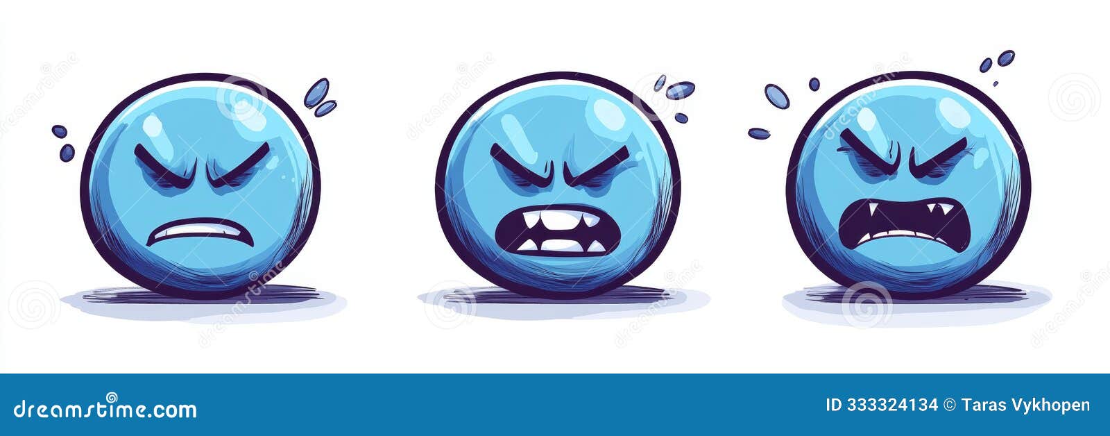 Three Blue Angry Emoticons in Doodle Style on a White Background ...