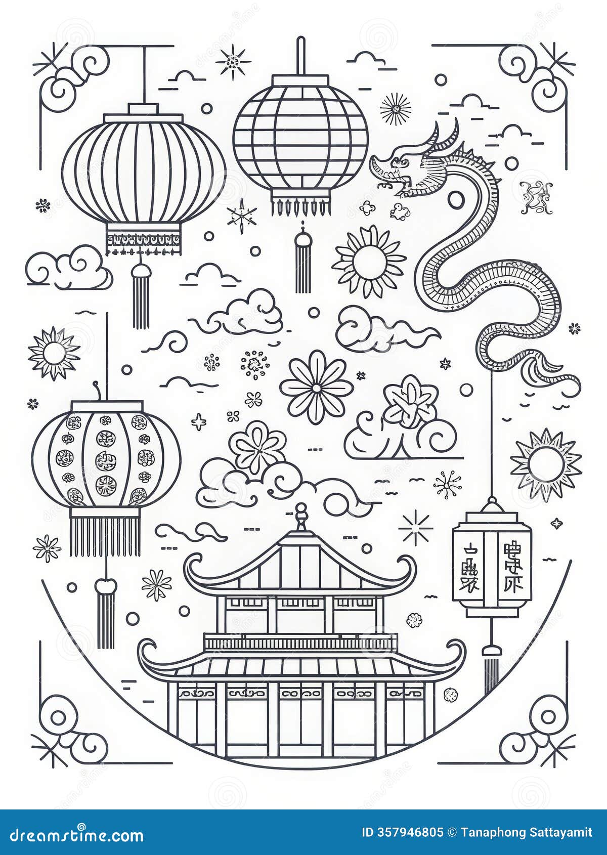 Traditional Asian Pattern Design with Lanterns and Dragon this ...