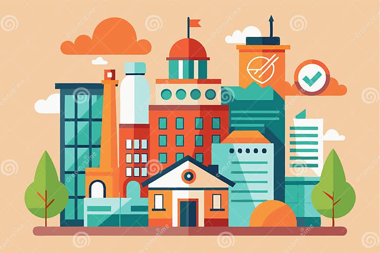 This Illustration Features a Vibrant Array of Buildings Showcasing ...