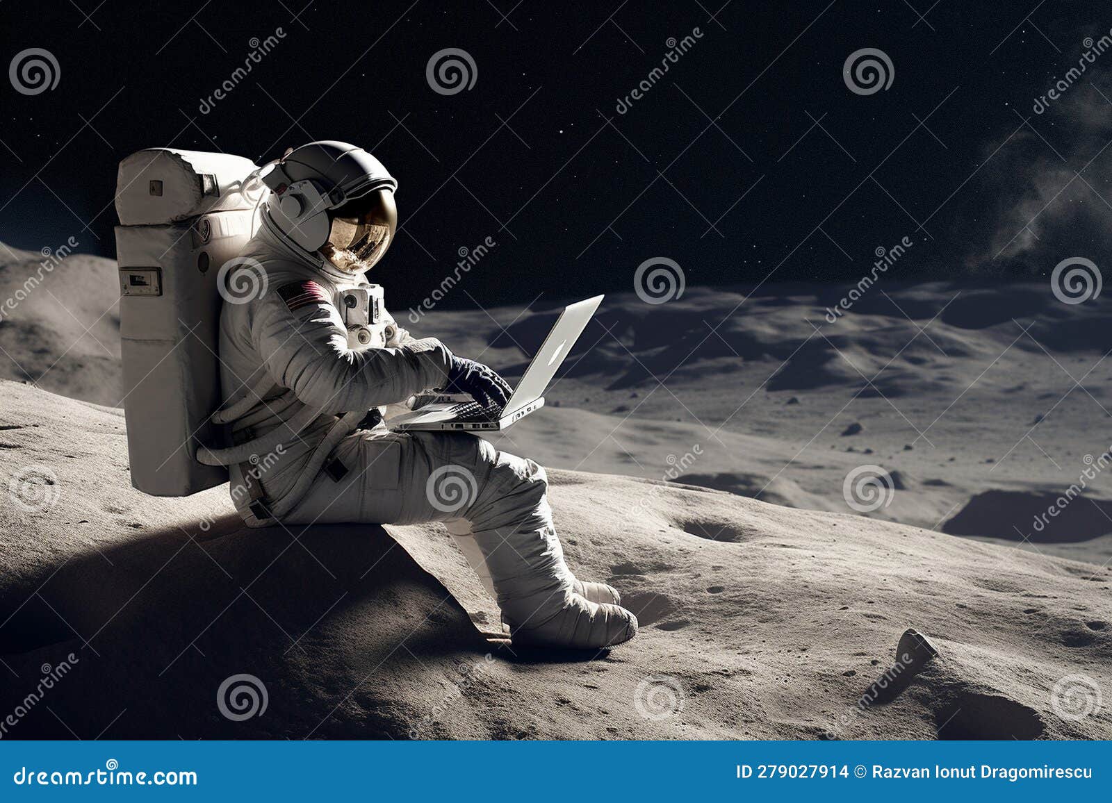 Illustration Featuring an Astronaut Standing on the Moon, Typing on a ...