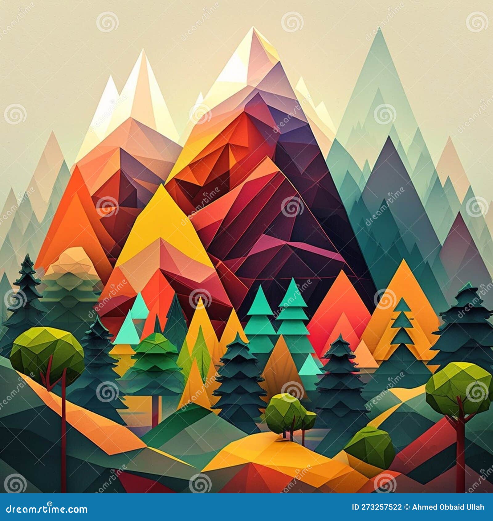 An Illustration Featuring Colorful Geometric Mountains and Forest ...