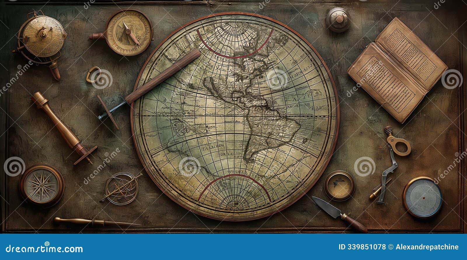 Illustration Featuring A Flat Earth Map Encircled By Antique Navigation ...