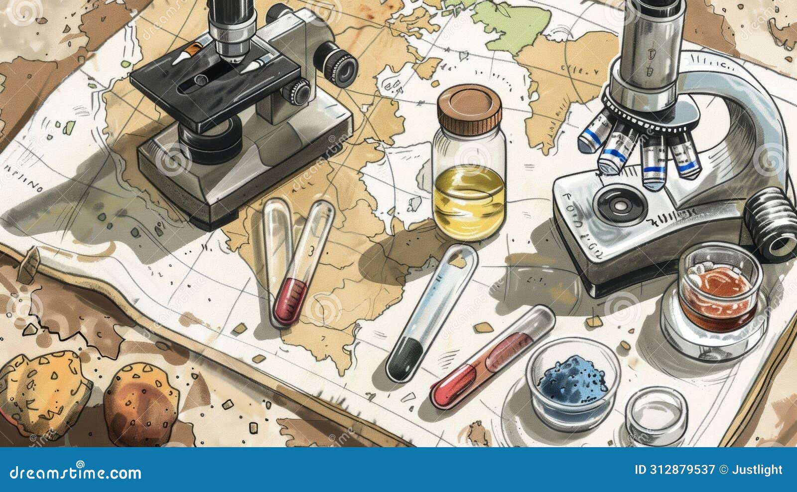 An Illustration Featuring a Handdrawn Map and a Variety of Scientific ...