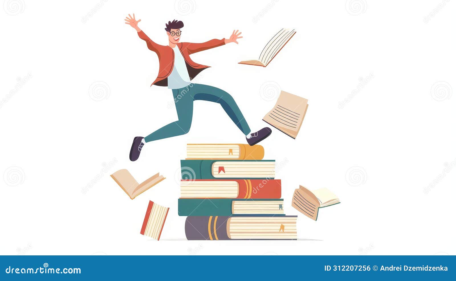 An Illustration Featuring a Happy Man Jumping Over a Stack of Books ...