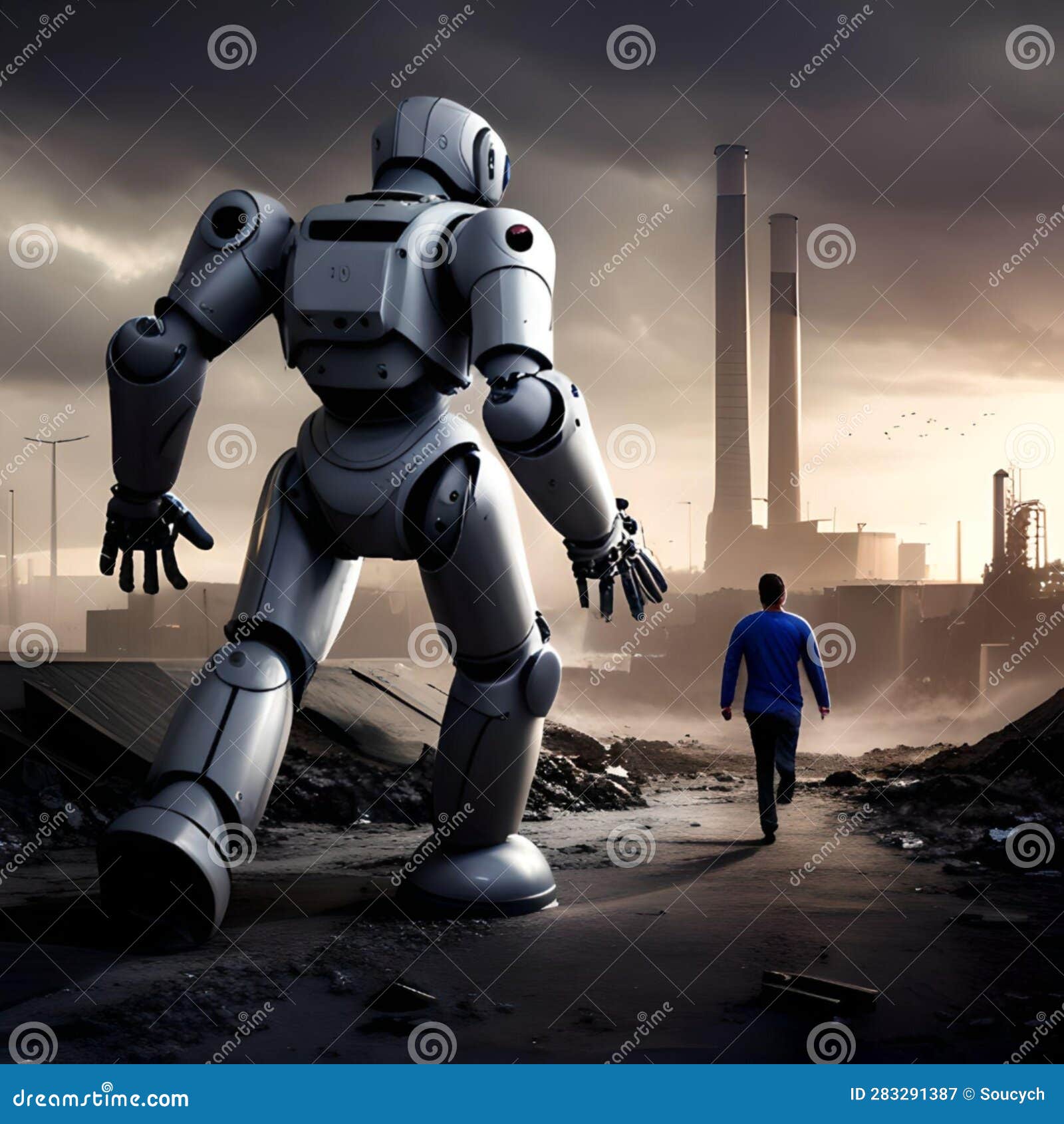 Illustration of a Humanoid Machine Chasing a Man through an Apocalyptic ...