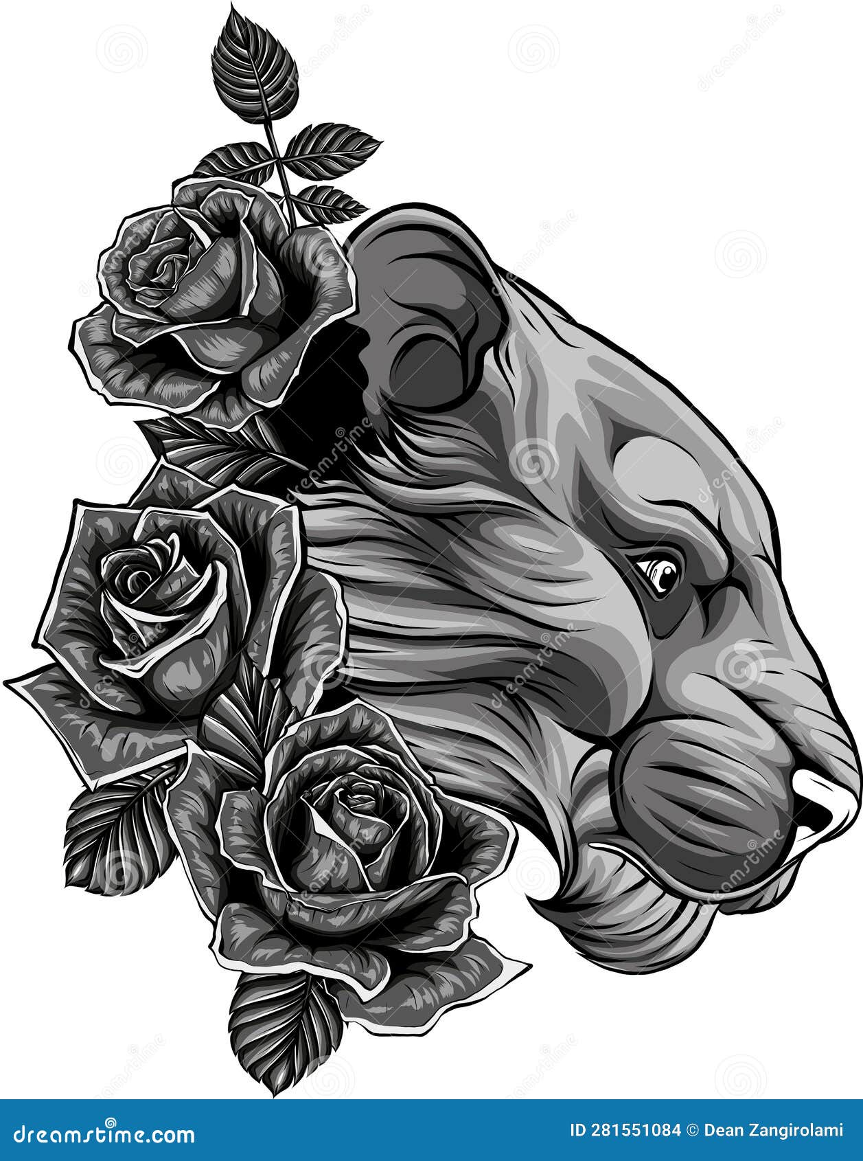 Monochromatic Illustration of Female Lion Head with Roses Stock Vector ...