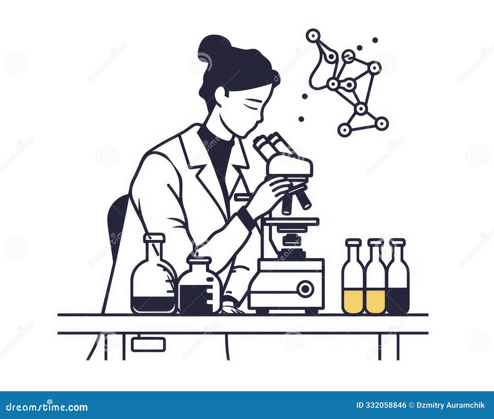 Illustration of Female Scientist Working with Microscope. Research and ...