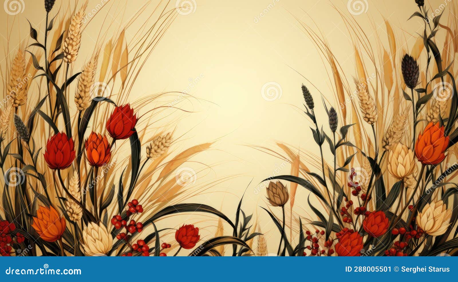 An Illustration of a Field with Wheat and Flowers, AI Stock ...