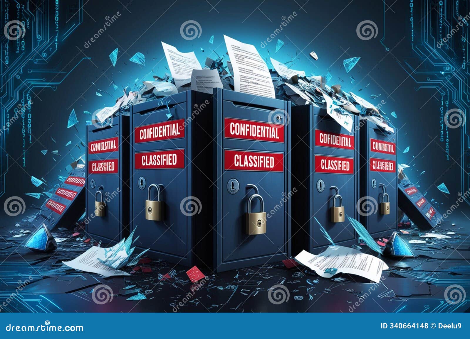 Illustration of Files Pouring Out of a Big Data Folder-- Data Breach ...