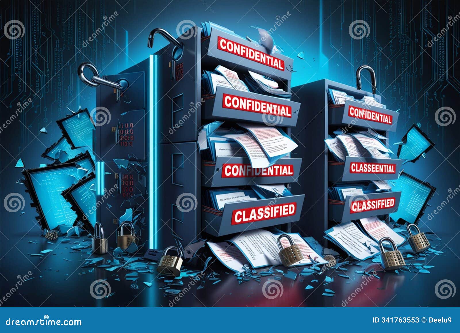 Illustration of Files Pouring Out of a Big Data Folder-- Data Breach ...