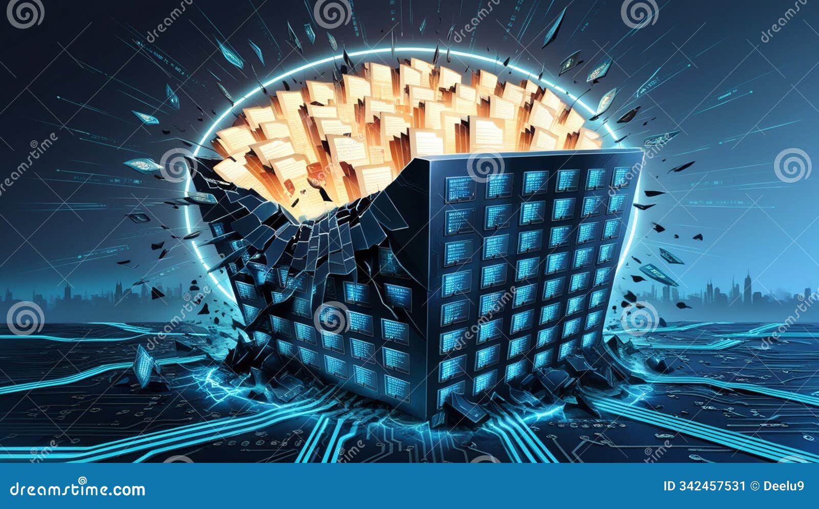Illustration of Files Pouring Out of a Big Data Folder-- Data Breach ...