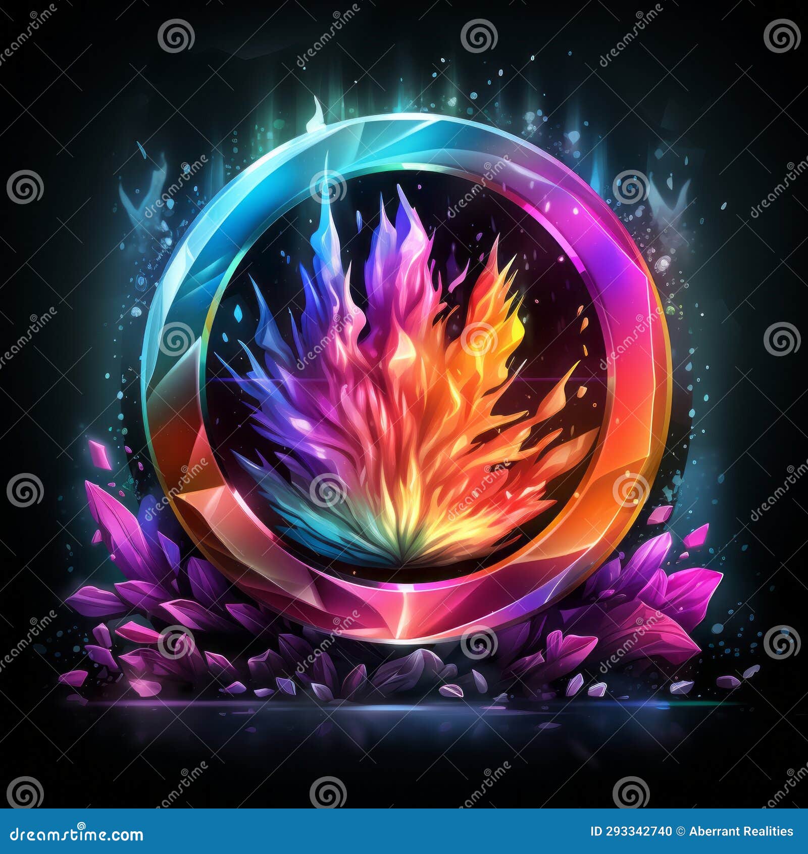 An Illustration of a Fire in a Circle Surrounded by Crystals Stock ...