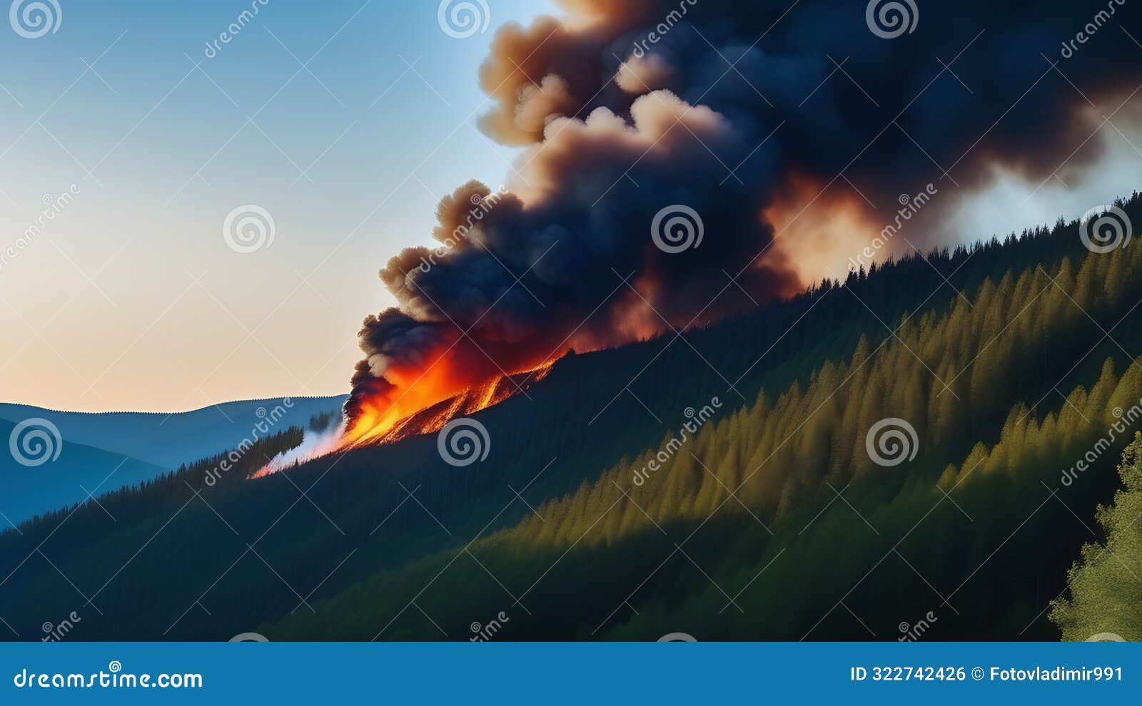 Illustration of a Fire Rising Up a Mountain in the Woods Stock ...