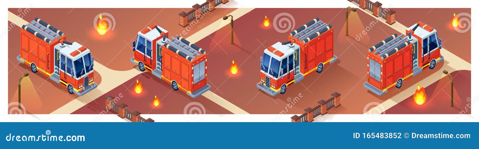 Illustration with Fire Truck Isometric. Four Projections of a Fire ...