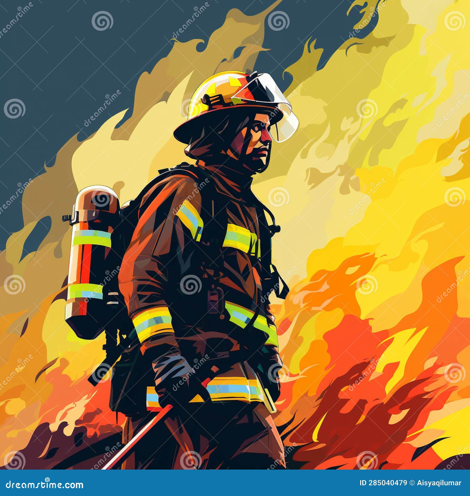 Illustration of a Firefighter Trying To Put Out a Raging Fire. Stock ...