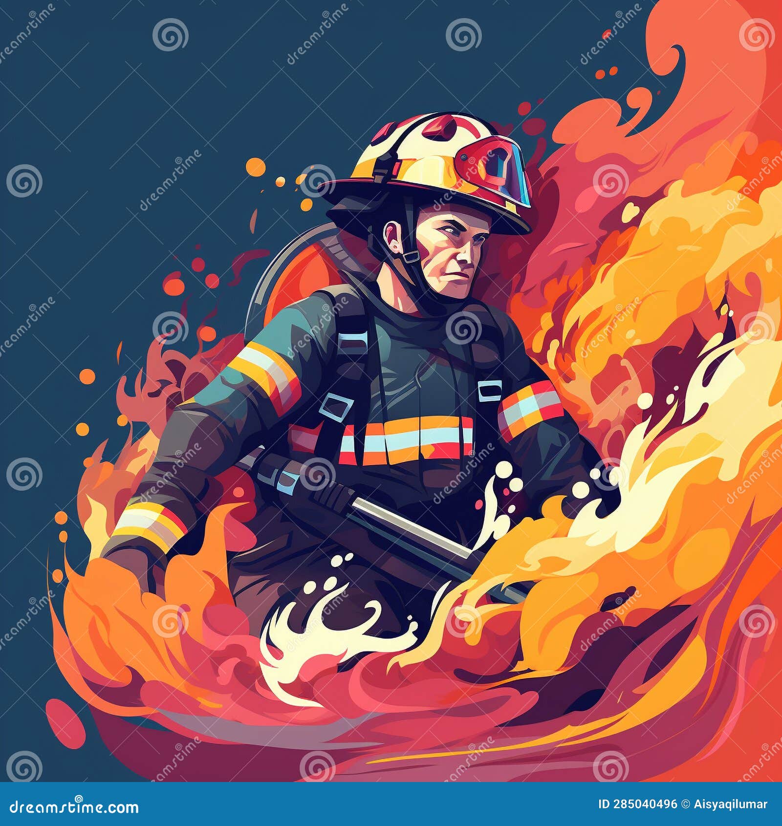 Illustration of a Firefighter Trying To Put Out a Raging Fire. Stock ...