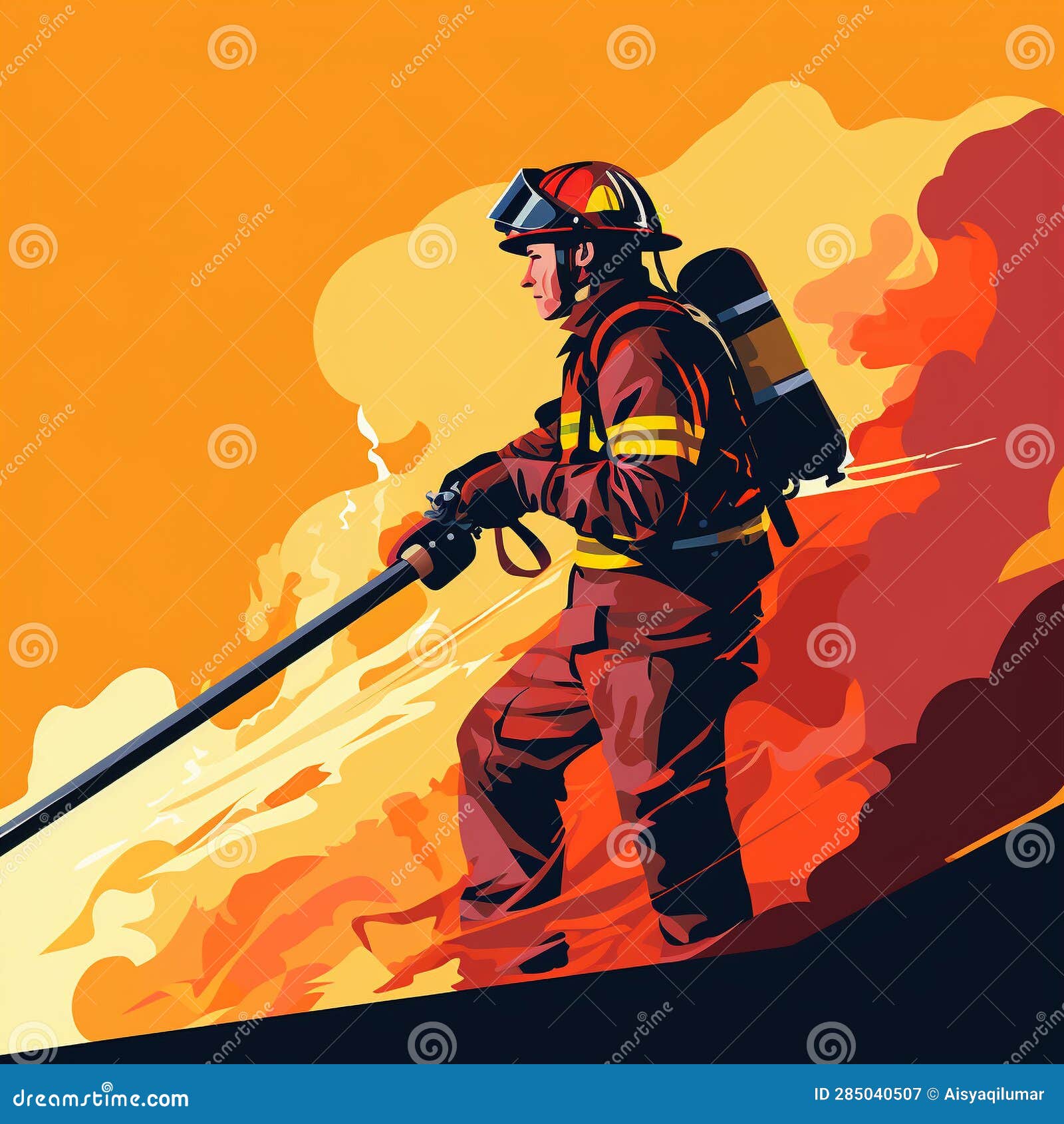 Illustration of a Firefighter Trying To Put Out a Raging Fire. Stock ...
