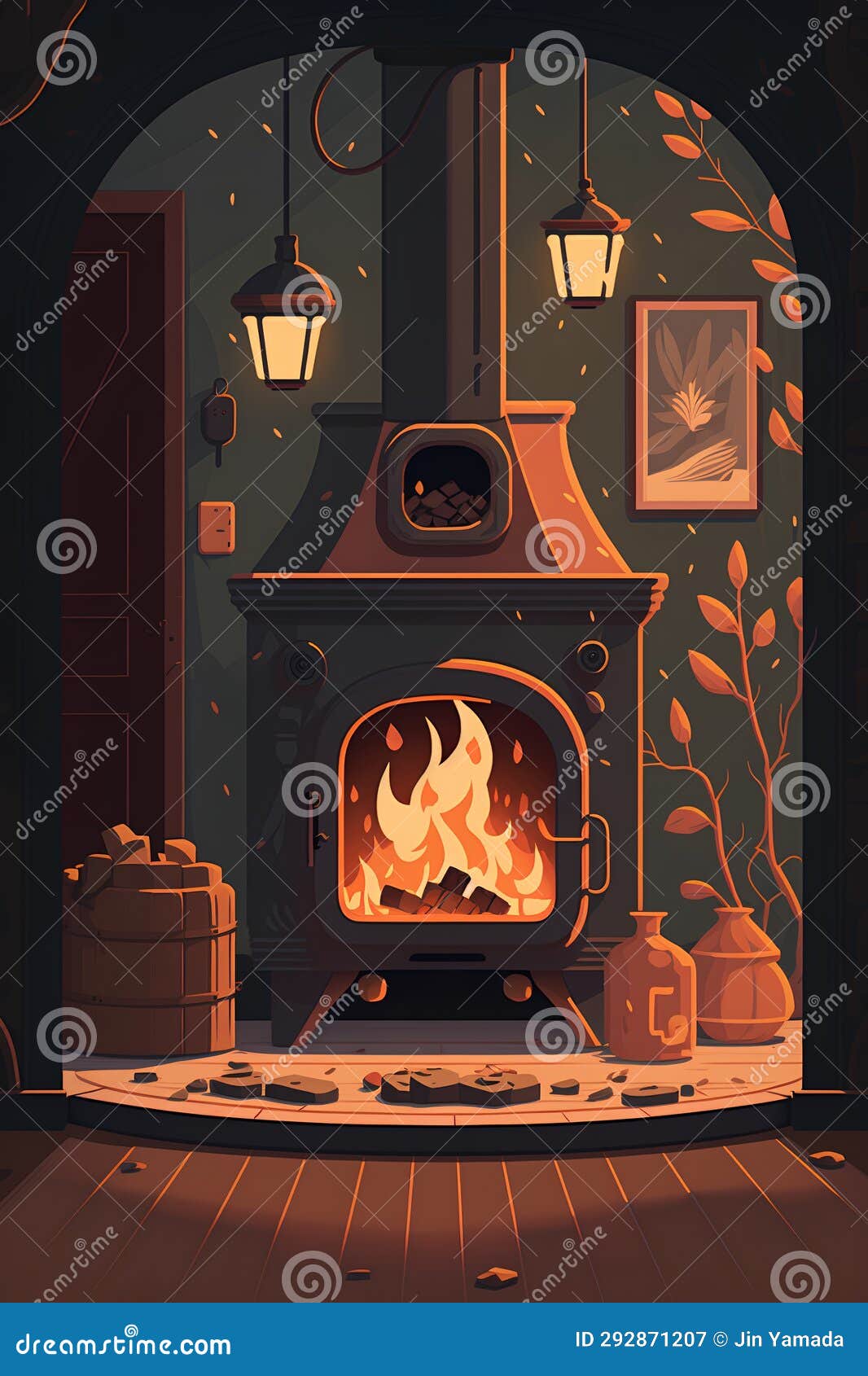 Illustration of a Fireplace in a Cozy Room. Vector Illustration Stock ...