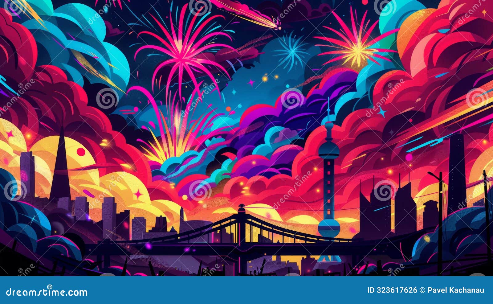 Illustration of Fireworks Exploding Over a City Skyline at Night Stock ...