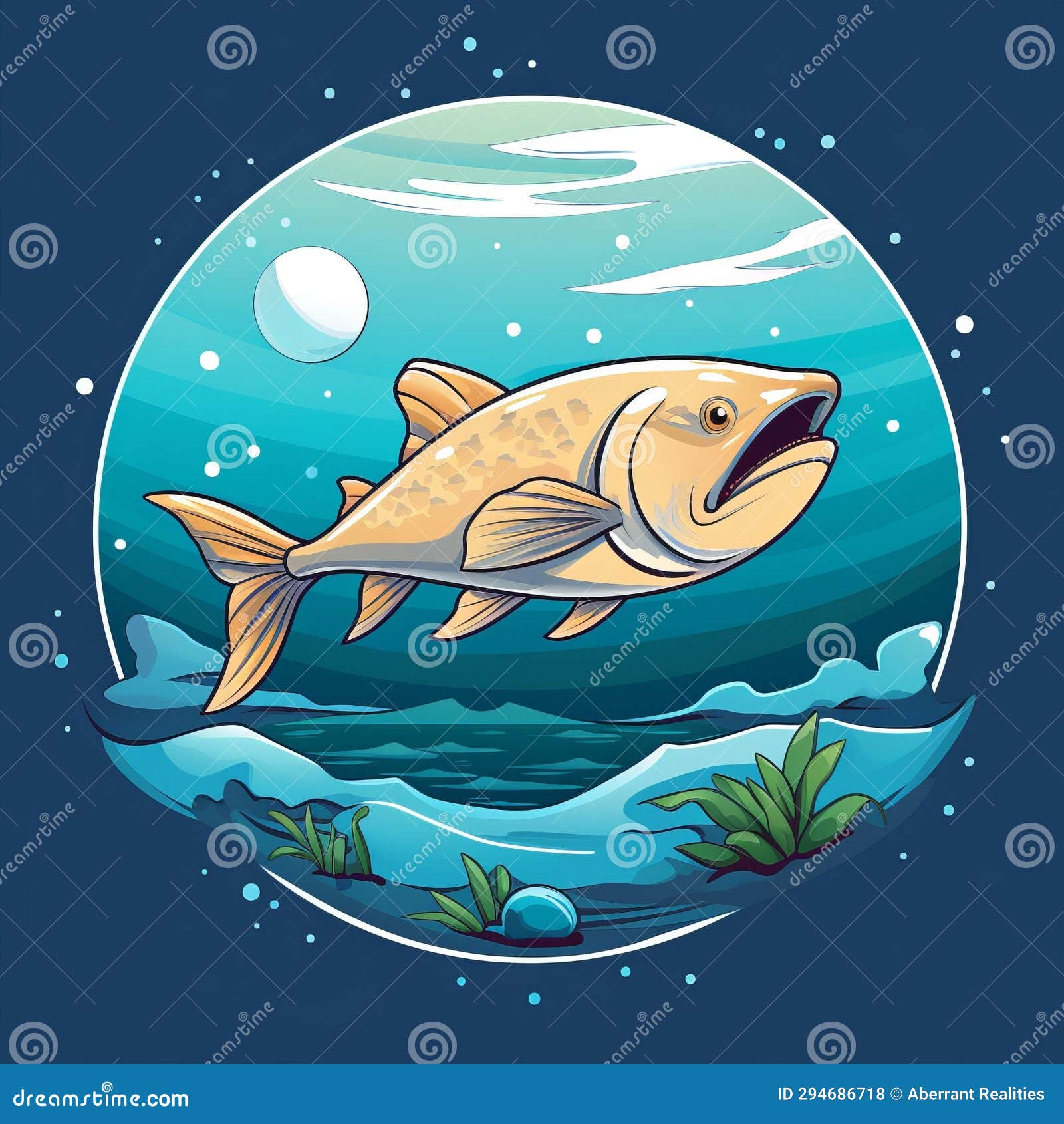 An Illustration of a Fish Swimming in the Ocean at Night Stock ...