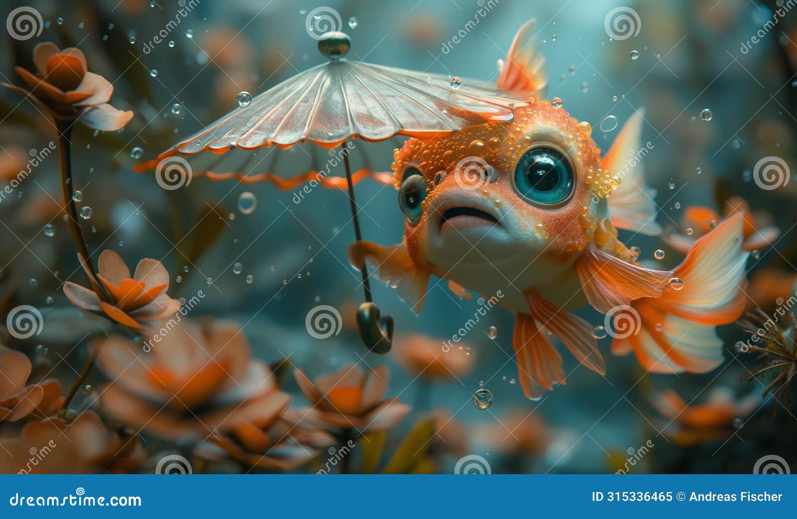 Illustration of a Fish with an Umbrella Underwater. Stock Image - Image ...