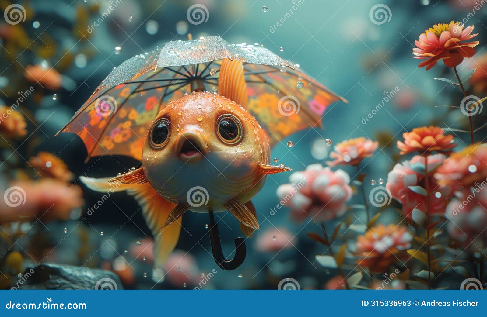 Illustration of a Fish with an Umbrella Underwater. Stock Image - Image ...