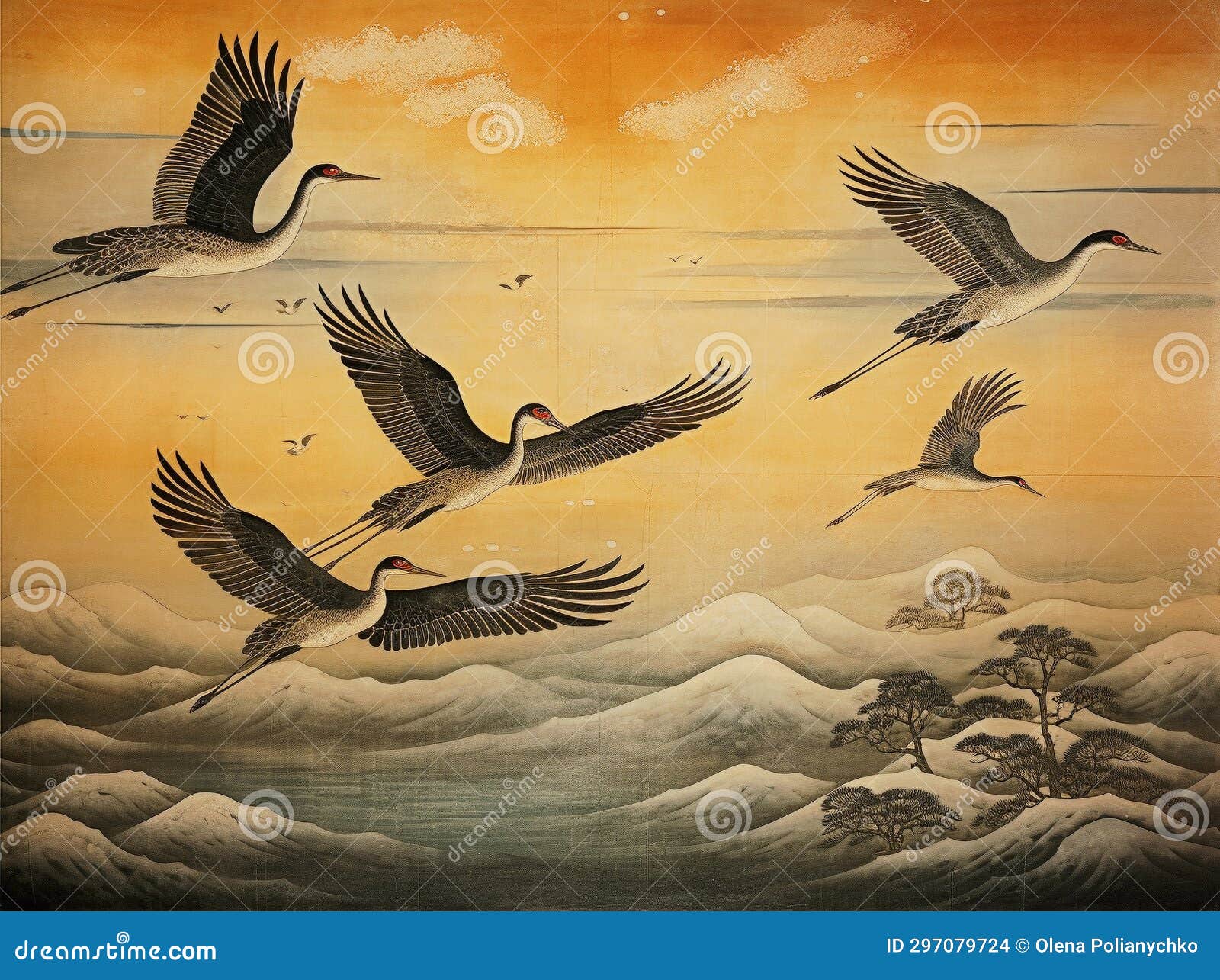 Illustration of Five Cranes Flying Over Trees and Mountains Stock ...