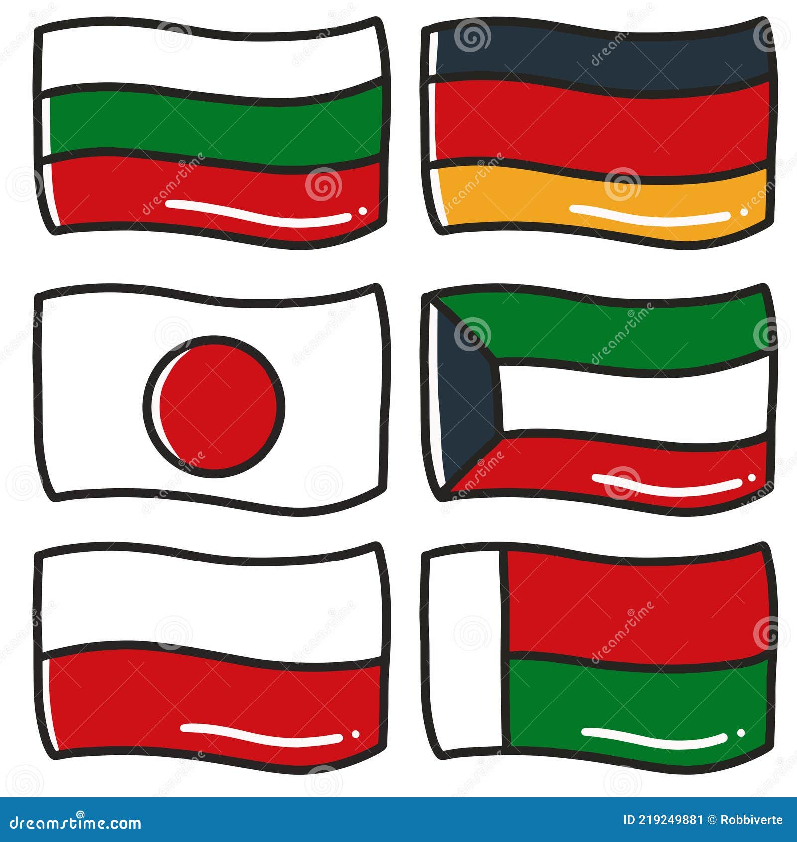 Illustration of the Flags of Six World Countries Hand-drawn Doodle Art ...
