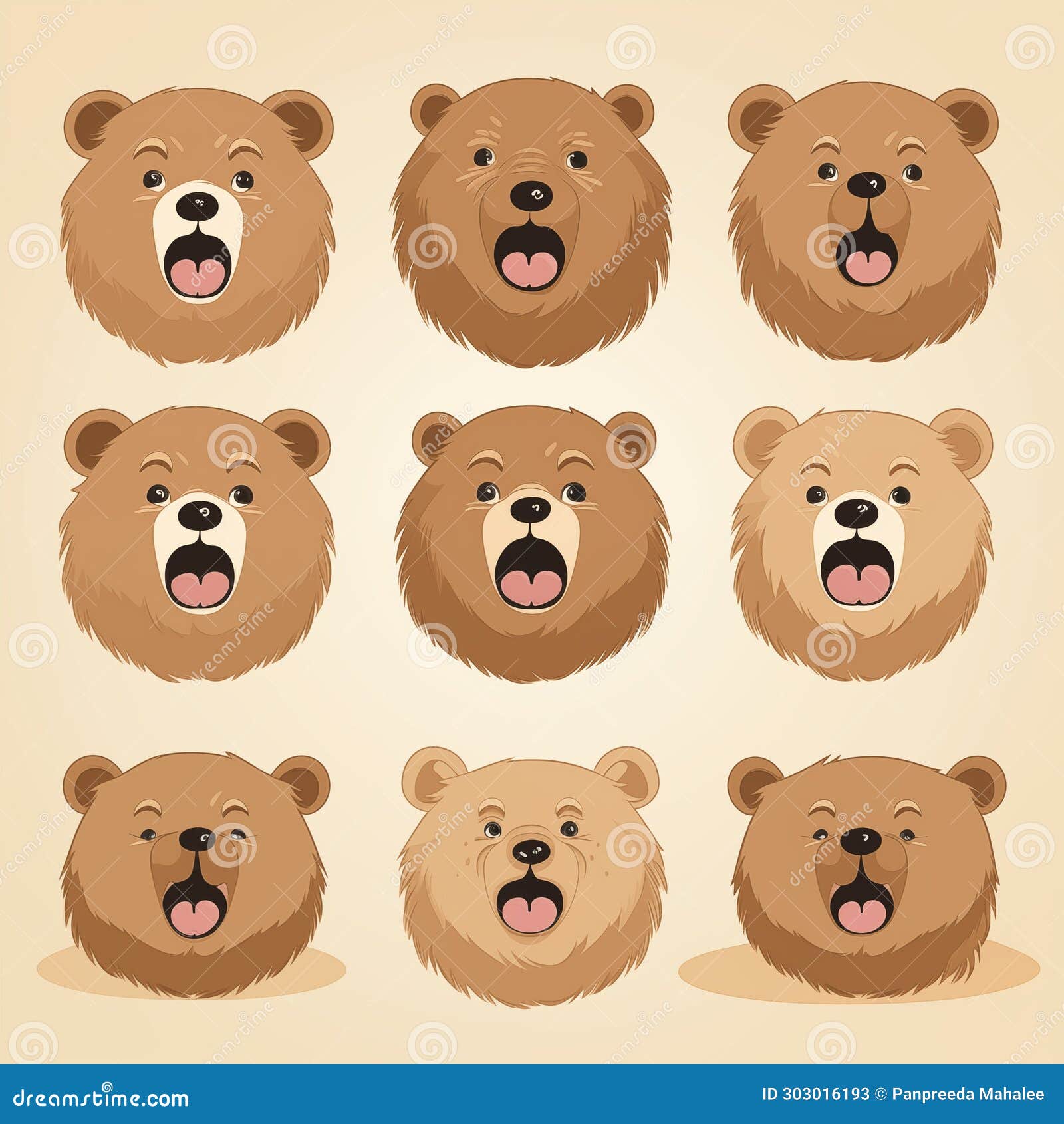 Illustration Flat Design, Set of the Bear S Face Shows Various Emotions ...