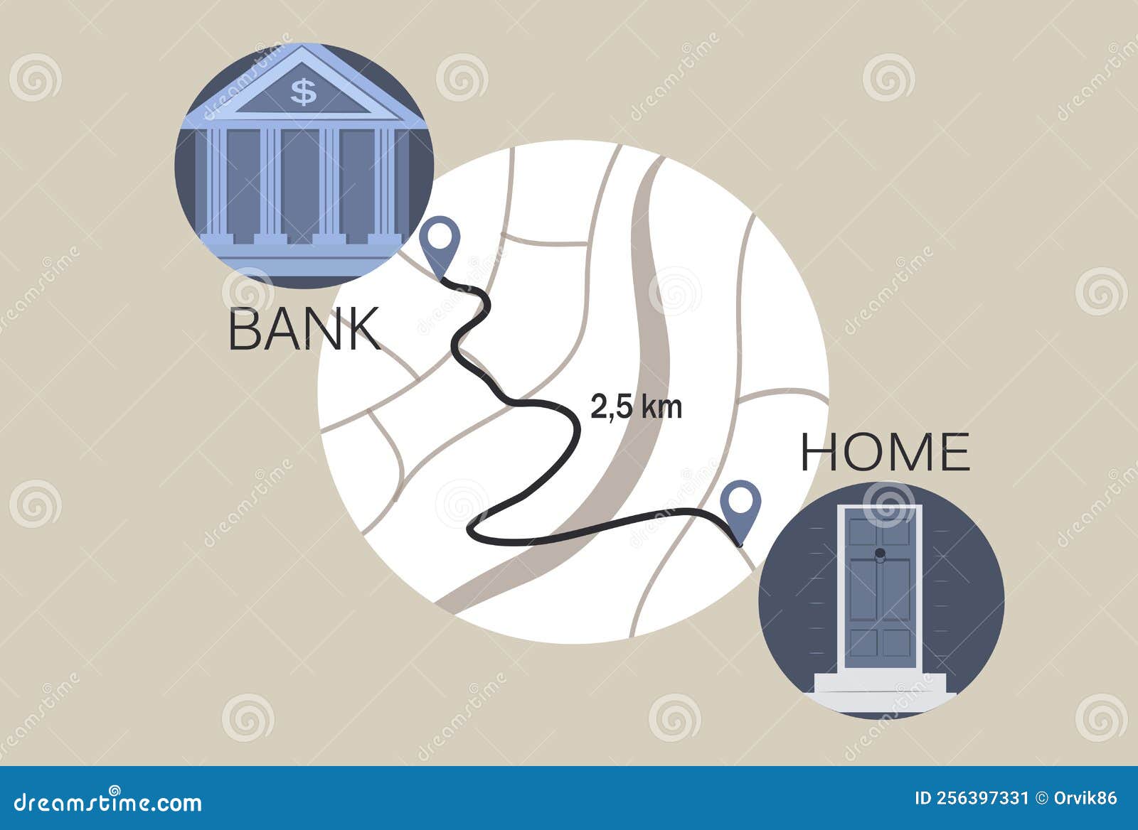 Illustration in Flat Style - Map with Route from Home To Bank Stock ...