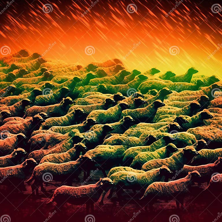 Flock of Sheep Staring in the Same Direction, Hand Drawn & Artistic ...