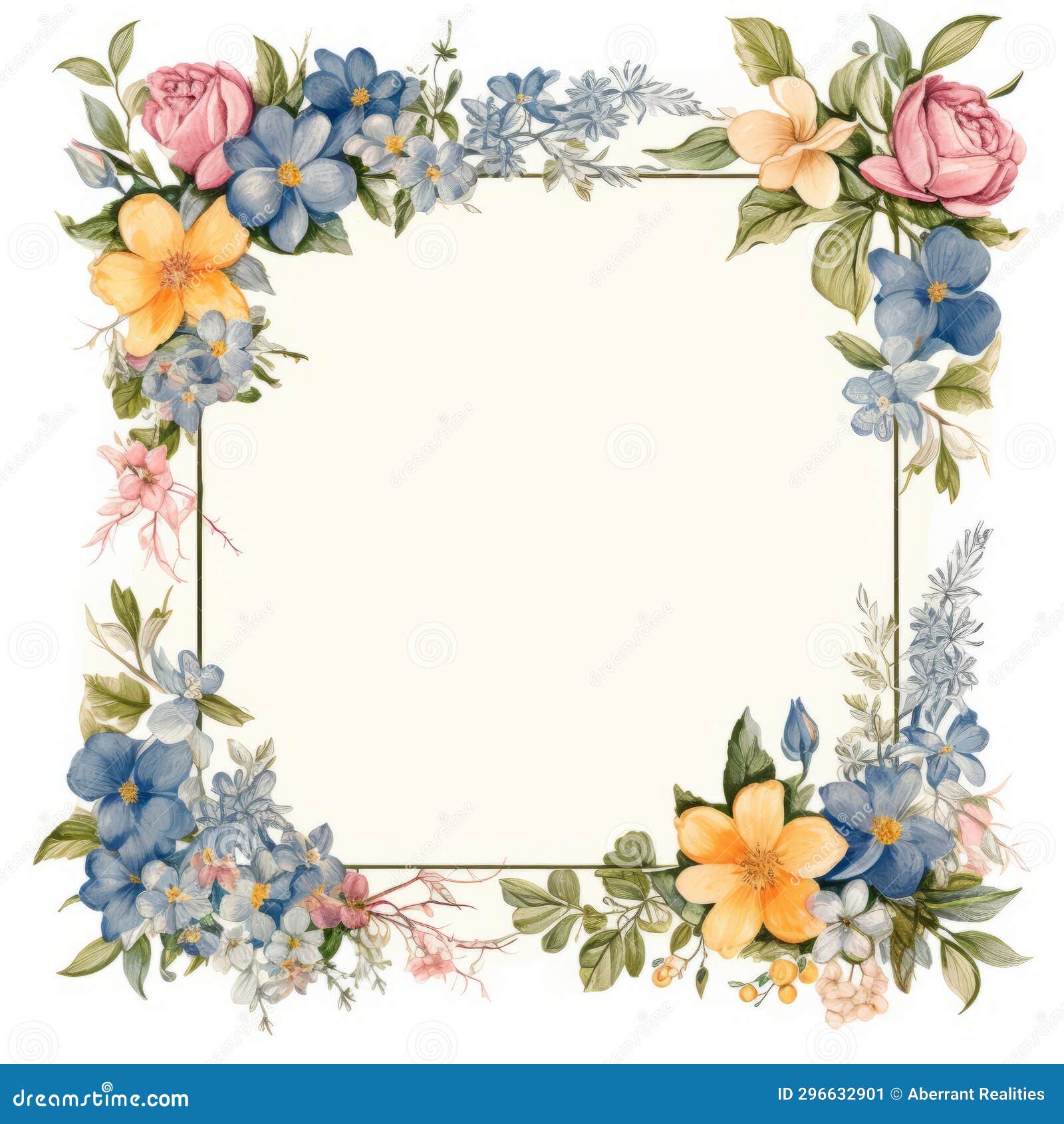An Illustration of a Floral Frame with Blue Yellow and Pink Flowers ...