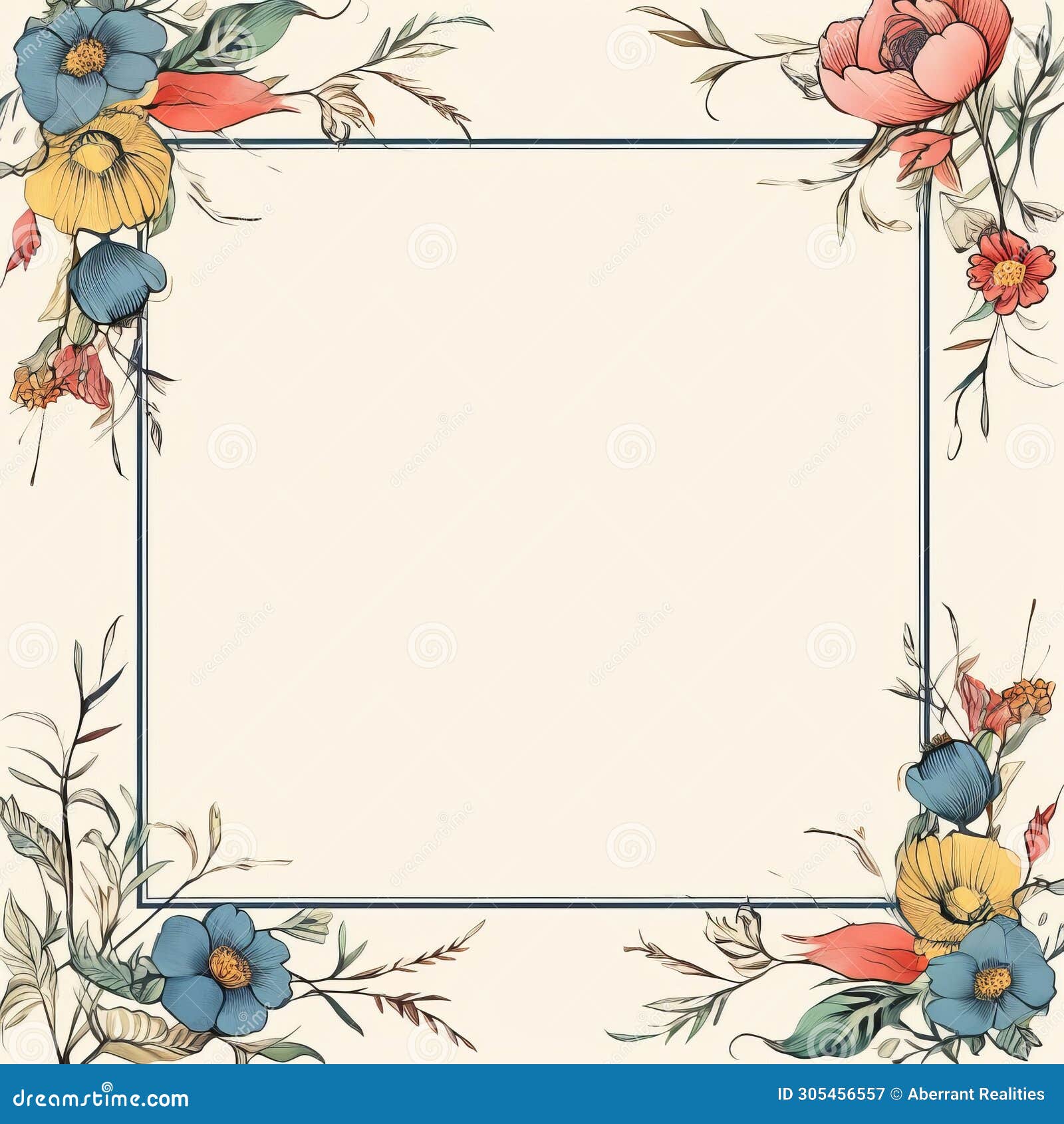 An Illustration of a Floral Frame with Blue Yellow and Red Flowers ...