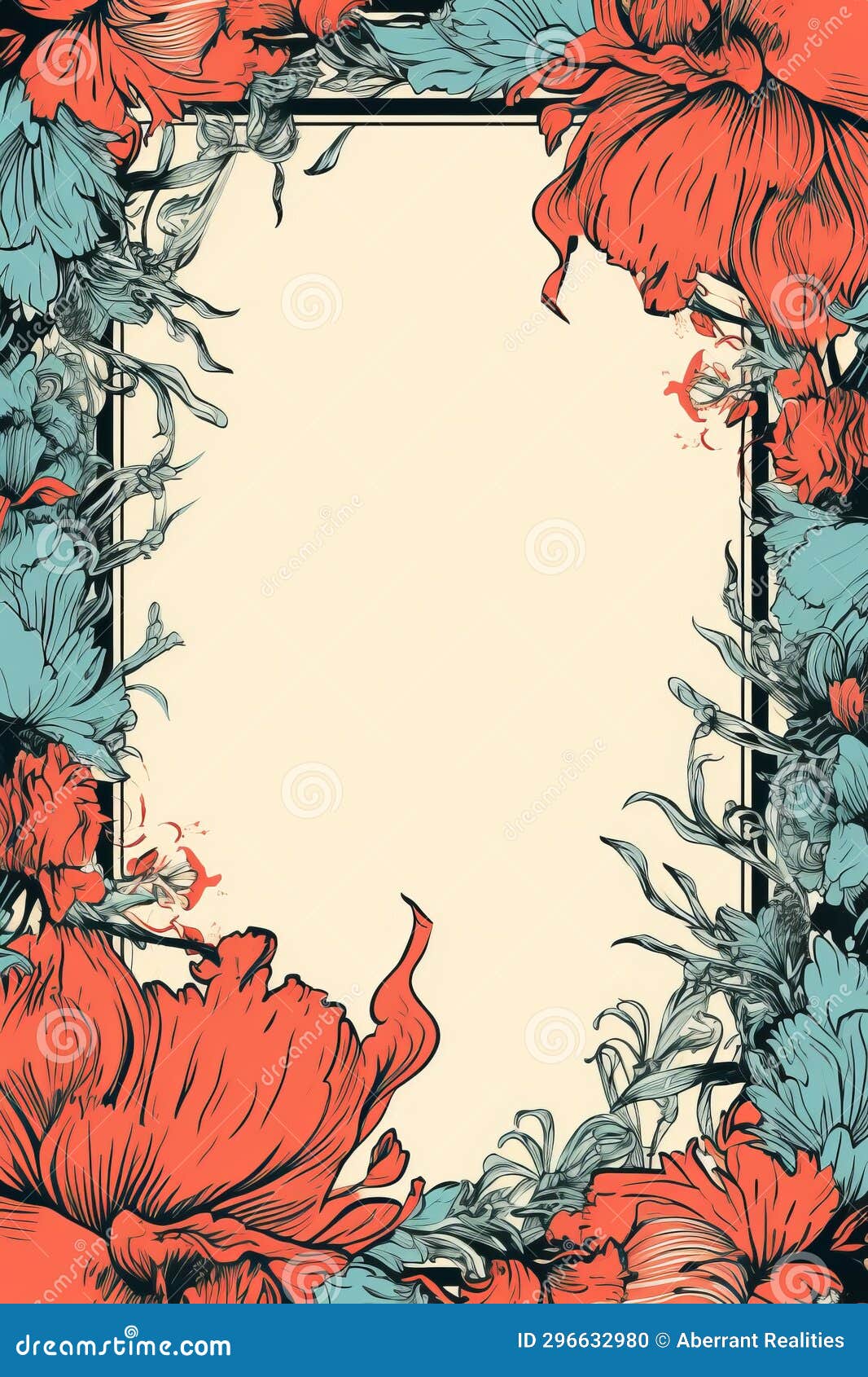 An Illustration of a Floral Frame with Red and Blue Flowers Stock ...