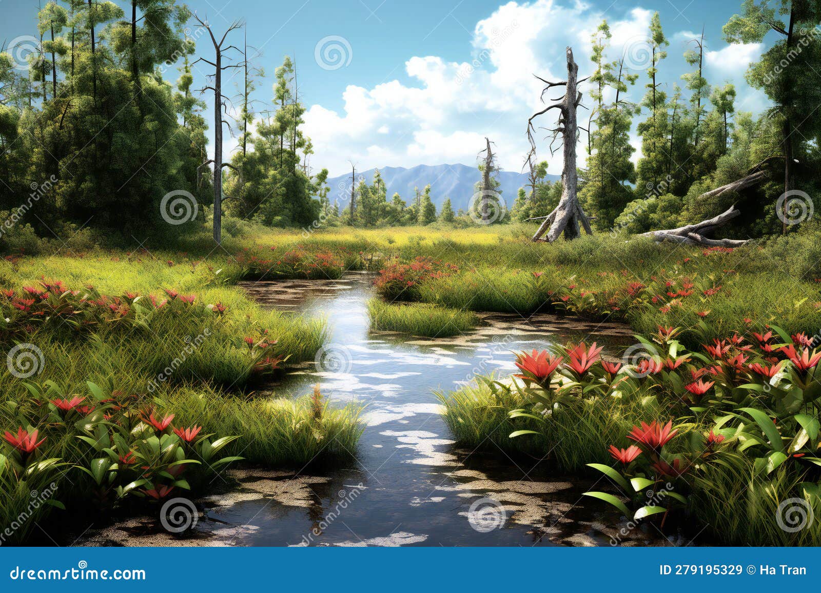 Flowers in the Swamp with Blue Sky and White Clouds Stock Illustration ...